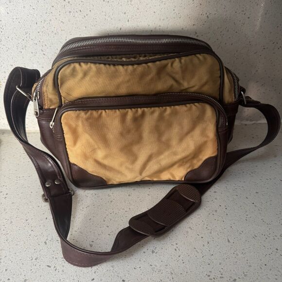 Bags | Vintage Camera Bag Tan Vinyl With Brown Leather Trim 198s | Poshmark